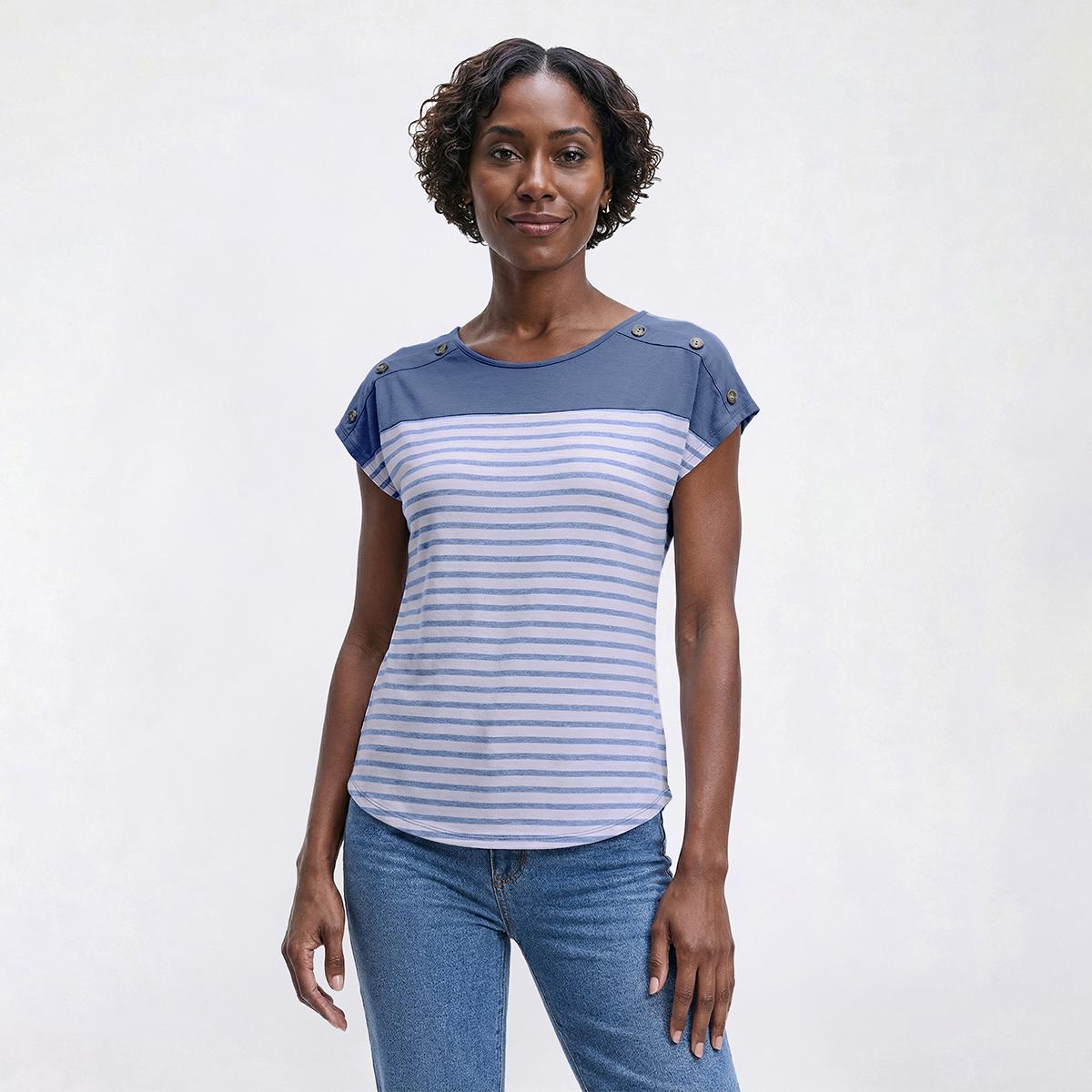 Click here for Womens Tru Self Dolman Sleeve Color Bock Stripe Te... prices